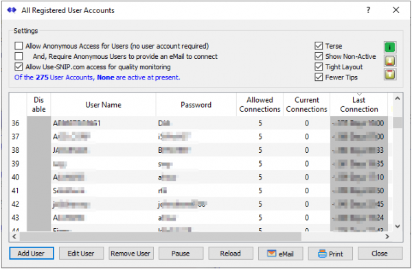 The User Accounts Dialog - SNIP Support